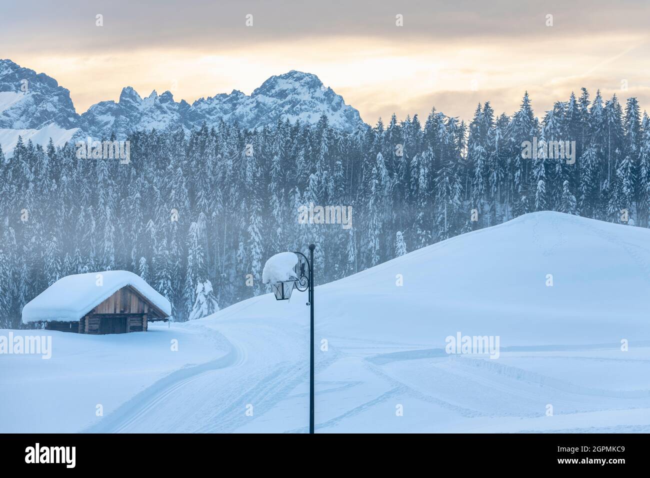 After the snowfall. Dusk on the Sappada plain. Magic of winter Stock ...