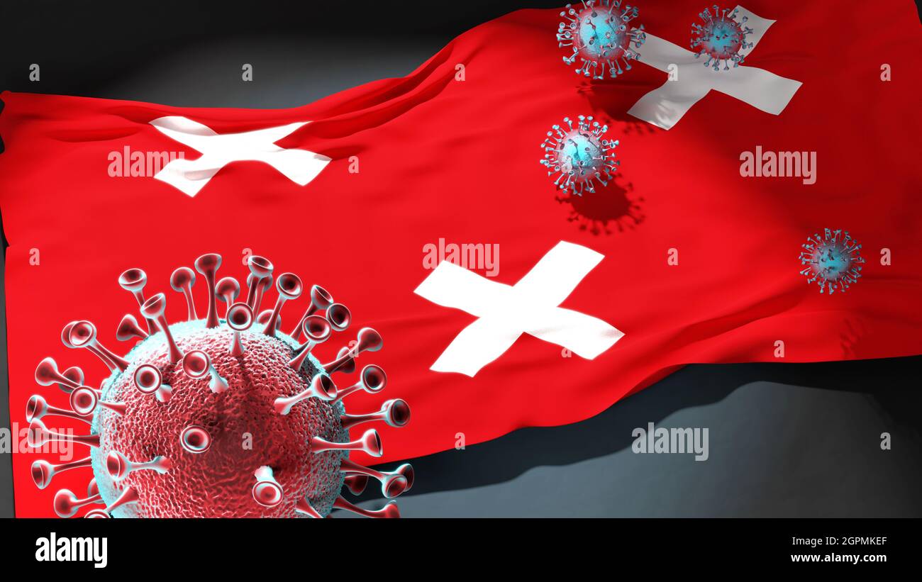 Covid in Breda - coronavirus attacking a city flag of Breda as a symbol ...