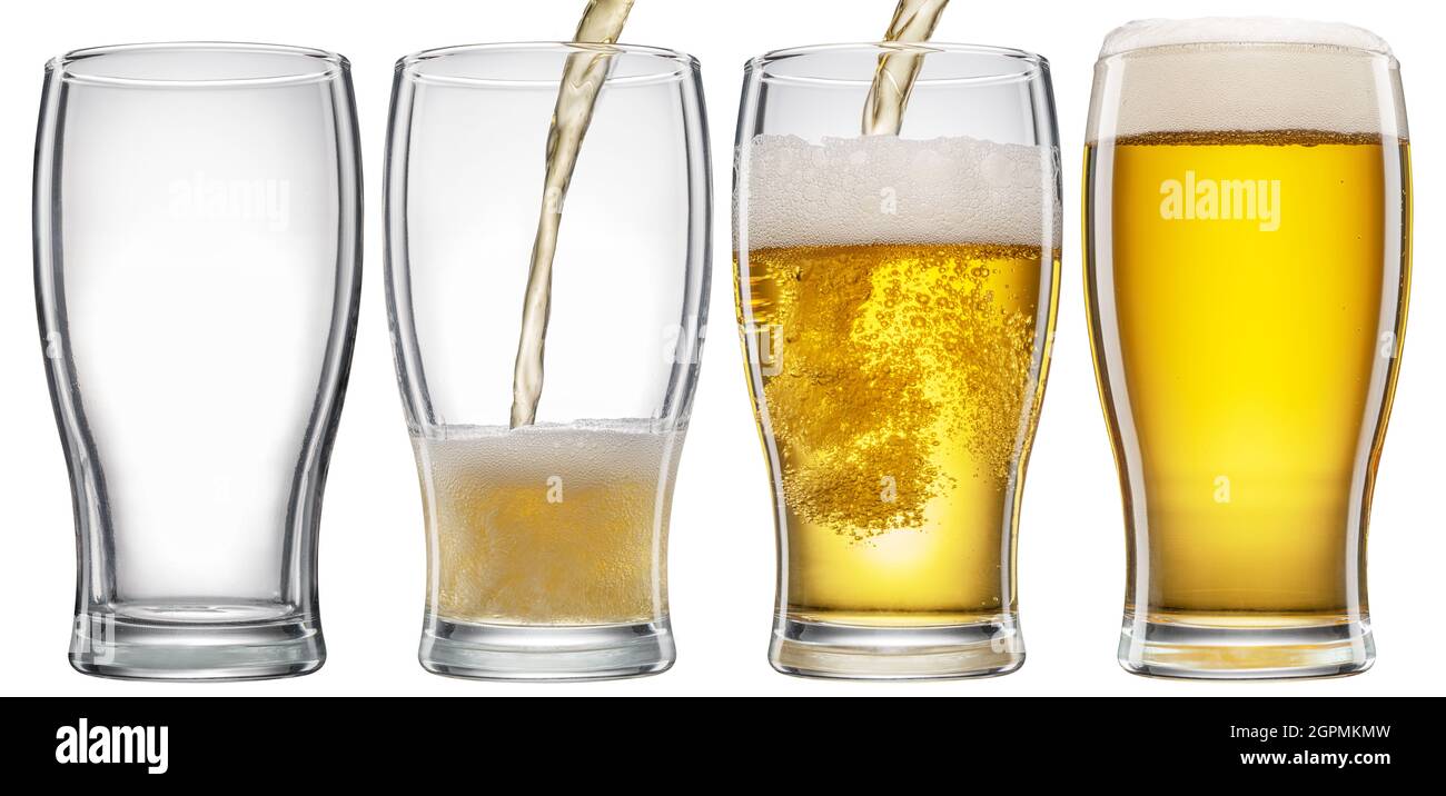Set of four glasses with different beer level. Pouring beer into the ...