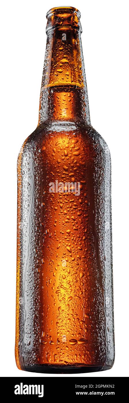 Opened bottle of cold beer with condensation isolated on a white ...