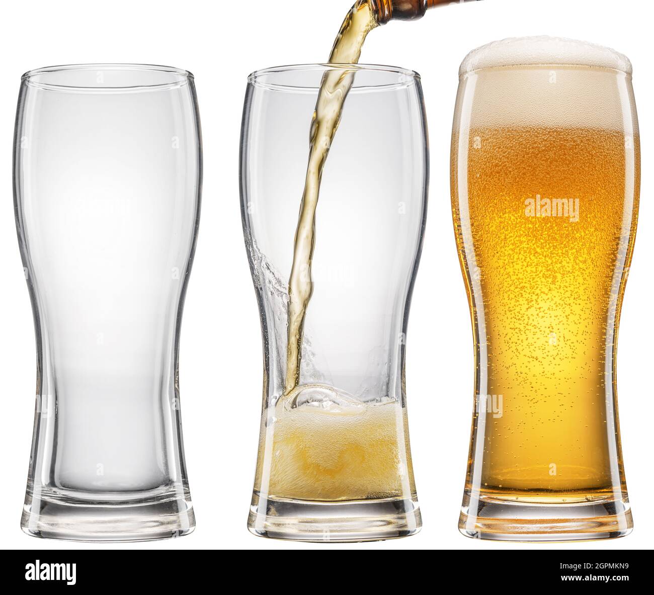 Set of three glasses with different beer level. Pouring beer into the ...