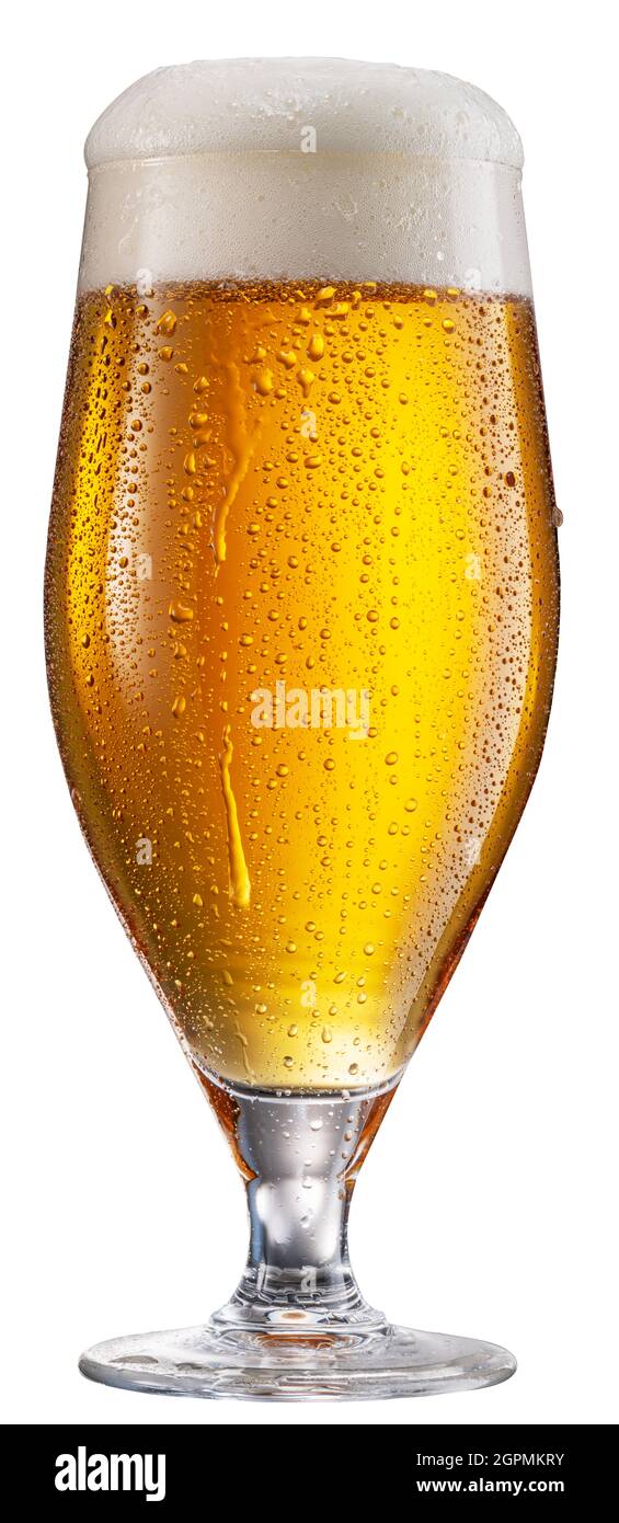 Glass of pale lager beer with water drops on cold glass surface ...