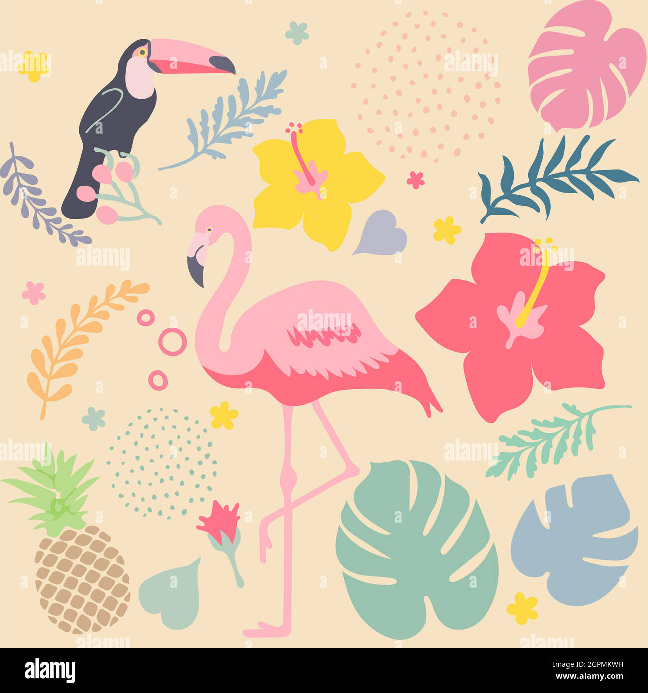 funny tropical background with pink flamingos with flowers, toucan ...