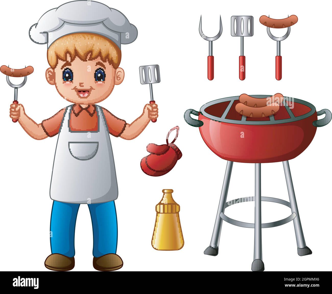 Boy and BBQ party elements isolated on white background Stock Vector ...