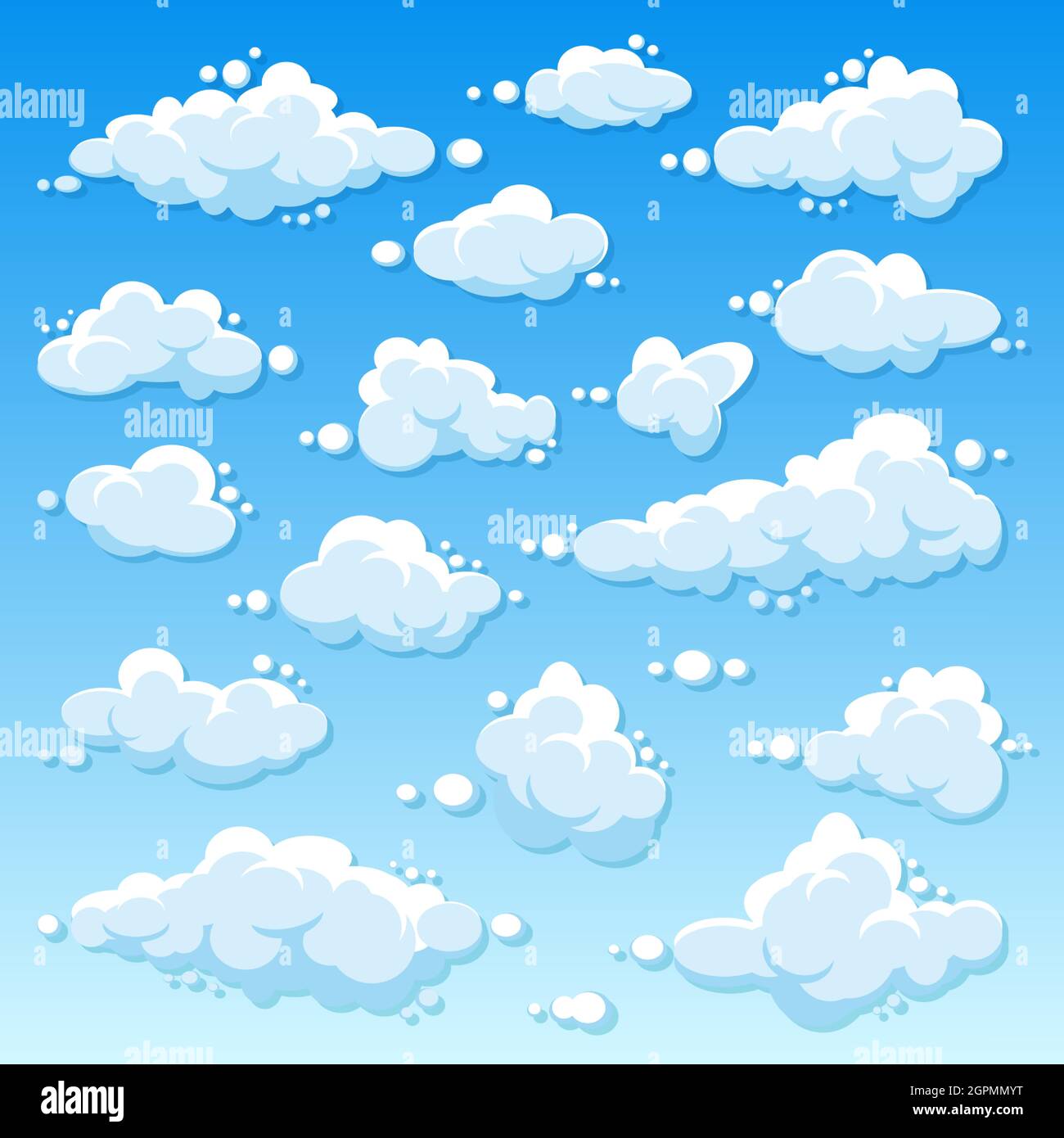 Various round clouds with shadow on blue gradient background. Summer ...