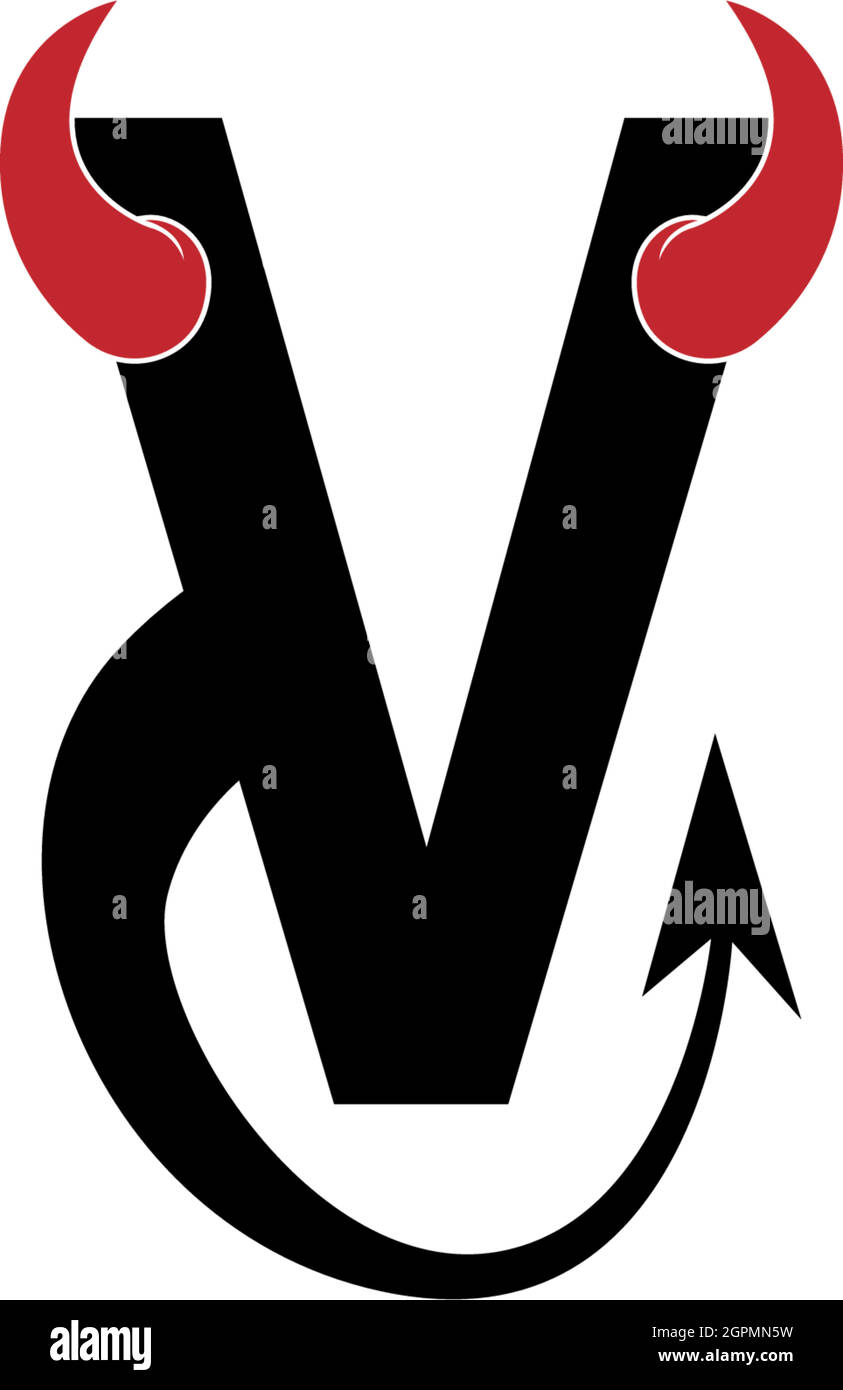 Letter V with devil's horns and tail icon logo design vector Stock ...