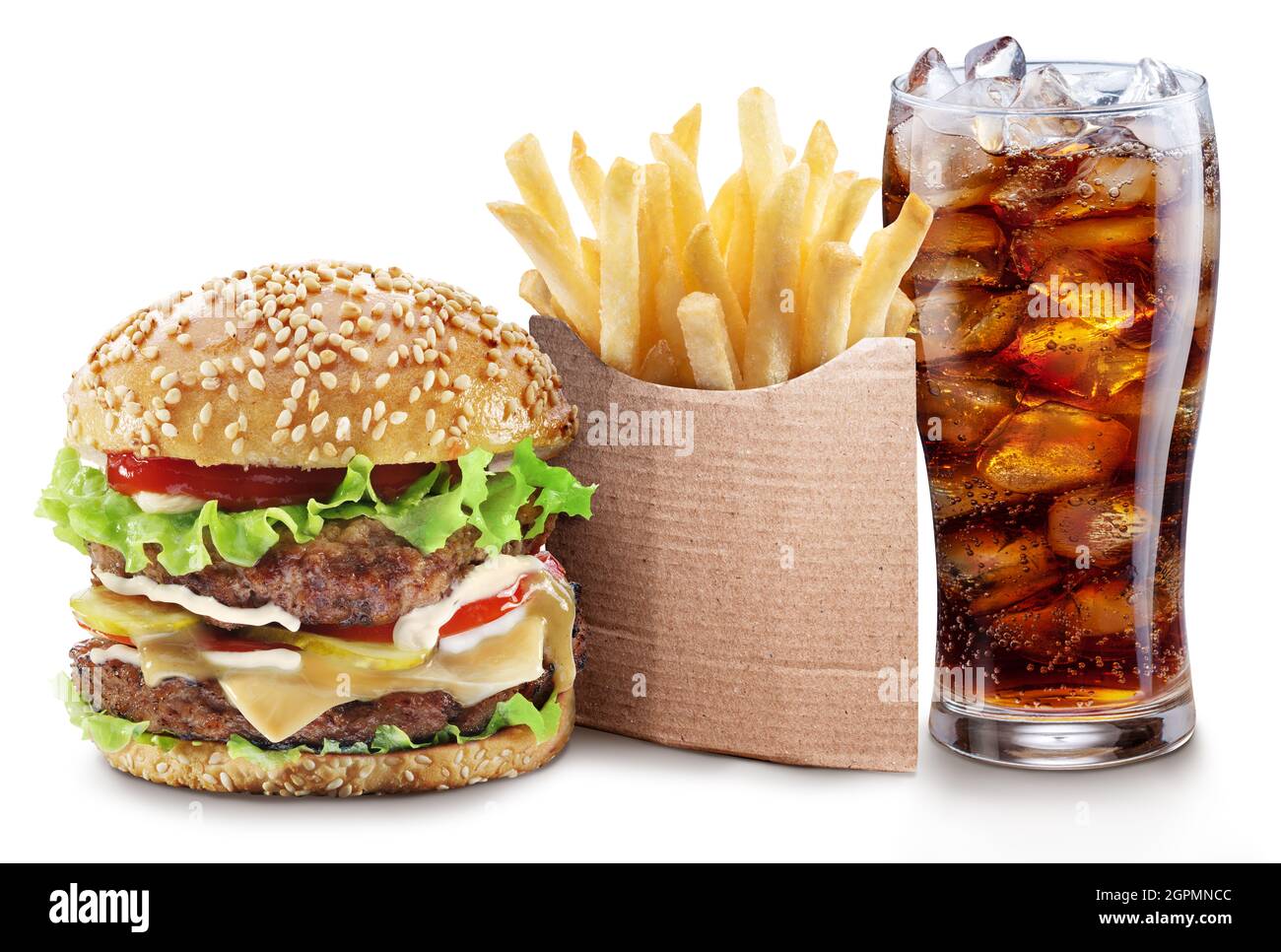 Delicious hamburger with cola and potato fries. Fast food concept. File ...