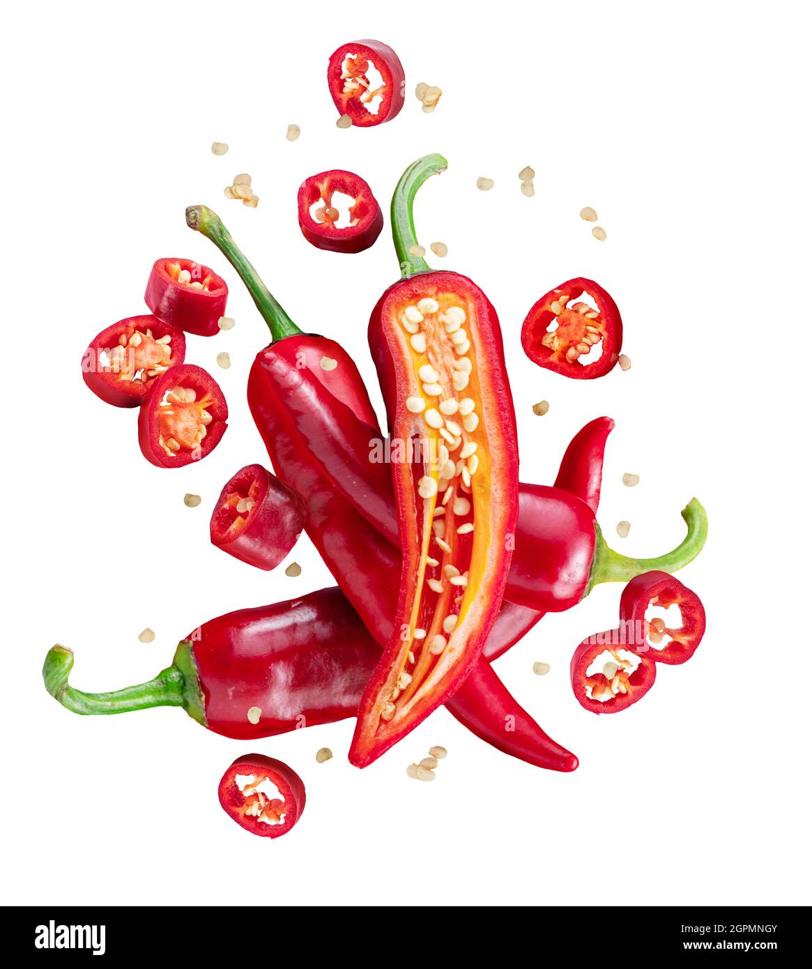 Fresh red chilli peppers and cross sections of chilli pepper with seeds ...