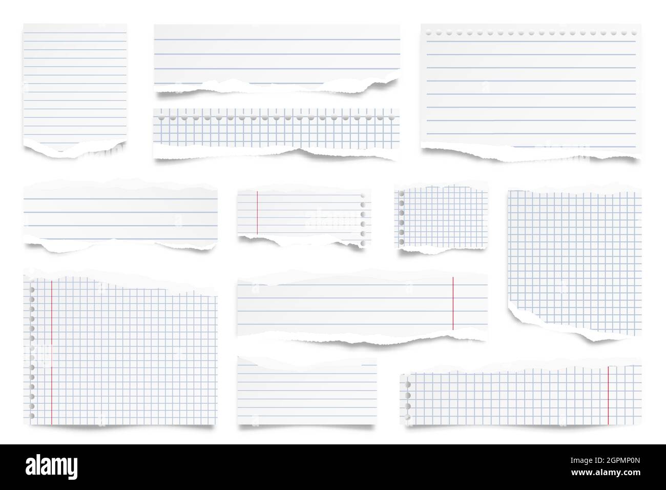 Ripped paper strips isolated on white background. Realistic lined paper ...
