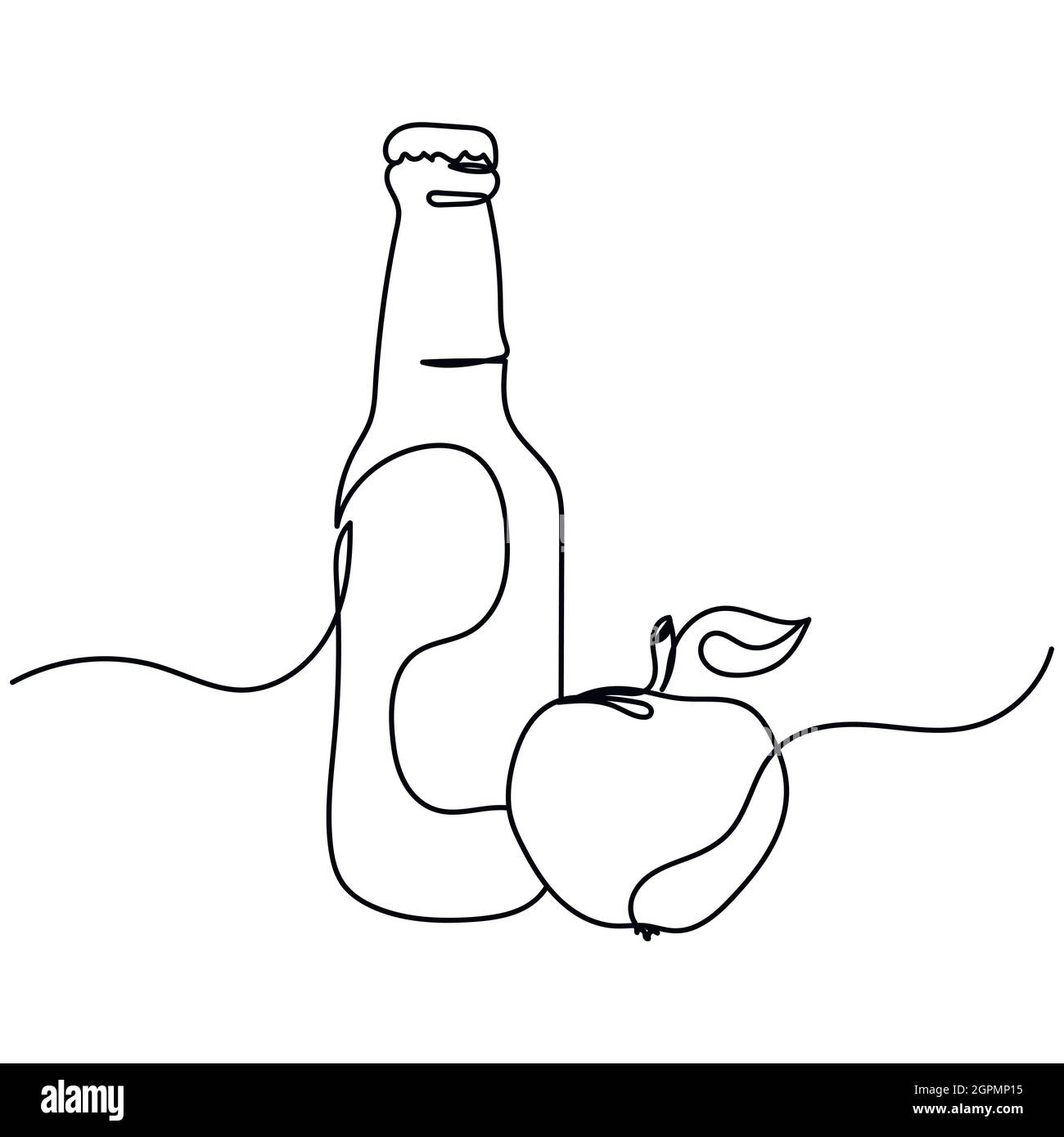 Continuous one line of cider bottle and apple fruit in silhouette ...