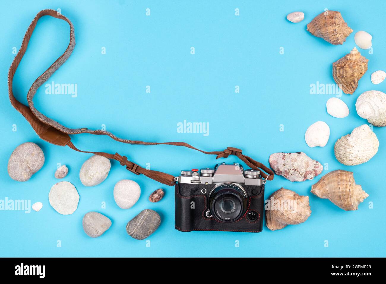 camera and seashells on a blue background.Background for the traveler ...