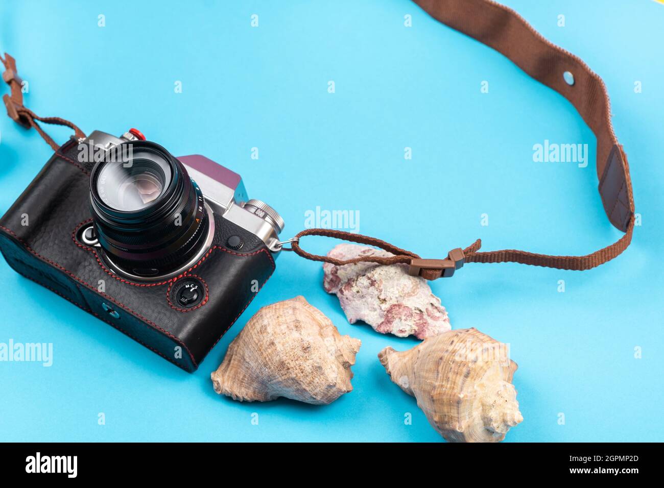 camera and seashells on a blue background.Background for the traveler ...