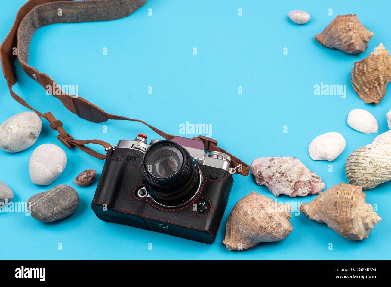 camera and seashells on a blue background.Background for the traveler ...