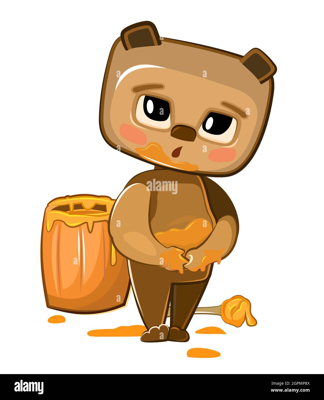 Cartoon Teddy Bear sweet tooth got soiled with honey. Wooden cask ...