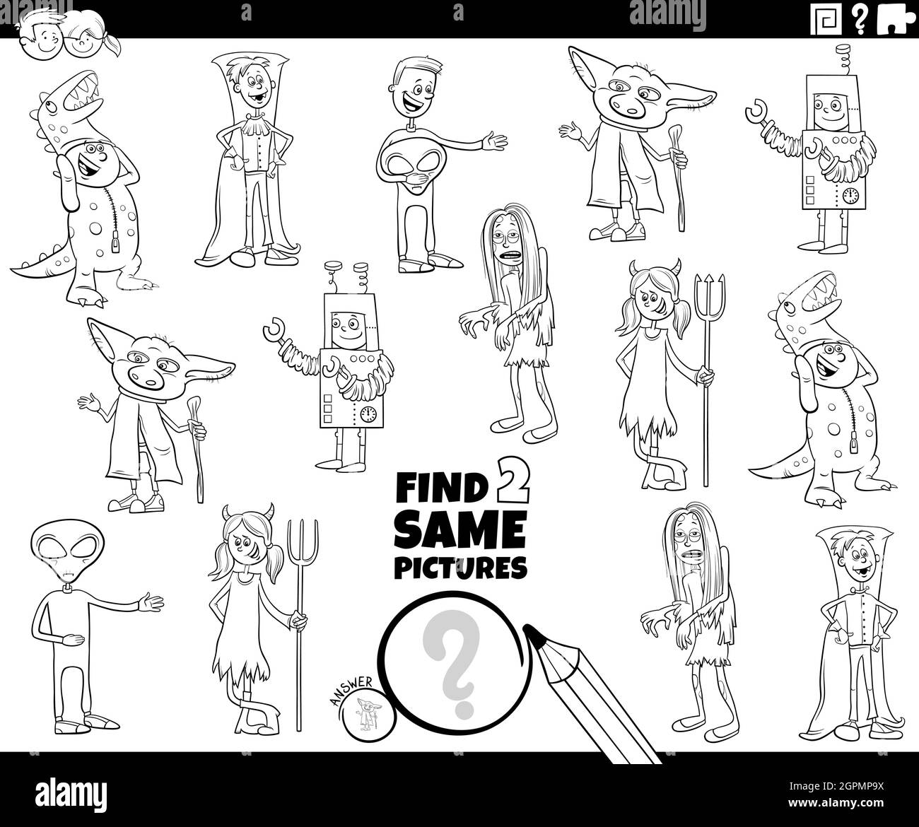 find two same children at costume party coloring book page Stock Vector ...