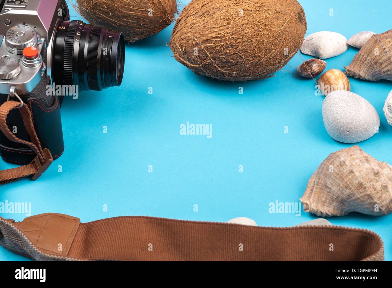 camera,coconuts and shells on a blue background.Background for the ...