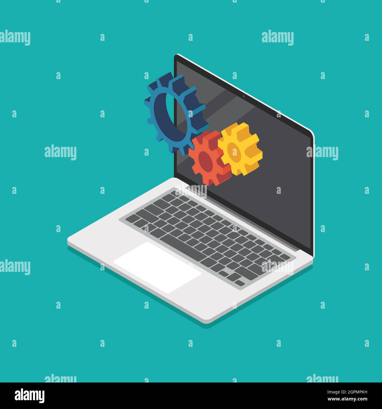 Mechanic gears on laptop screen isometric view. Vector illustration ...