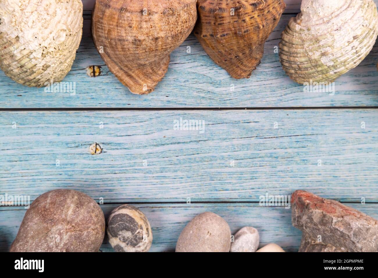 rocks and shells on a blue wooden background.Marine theme Stock Photo ...