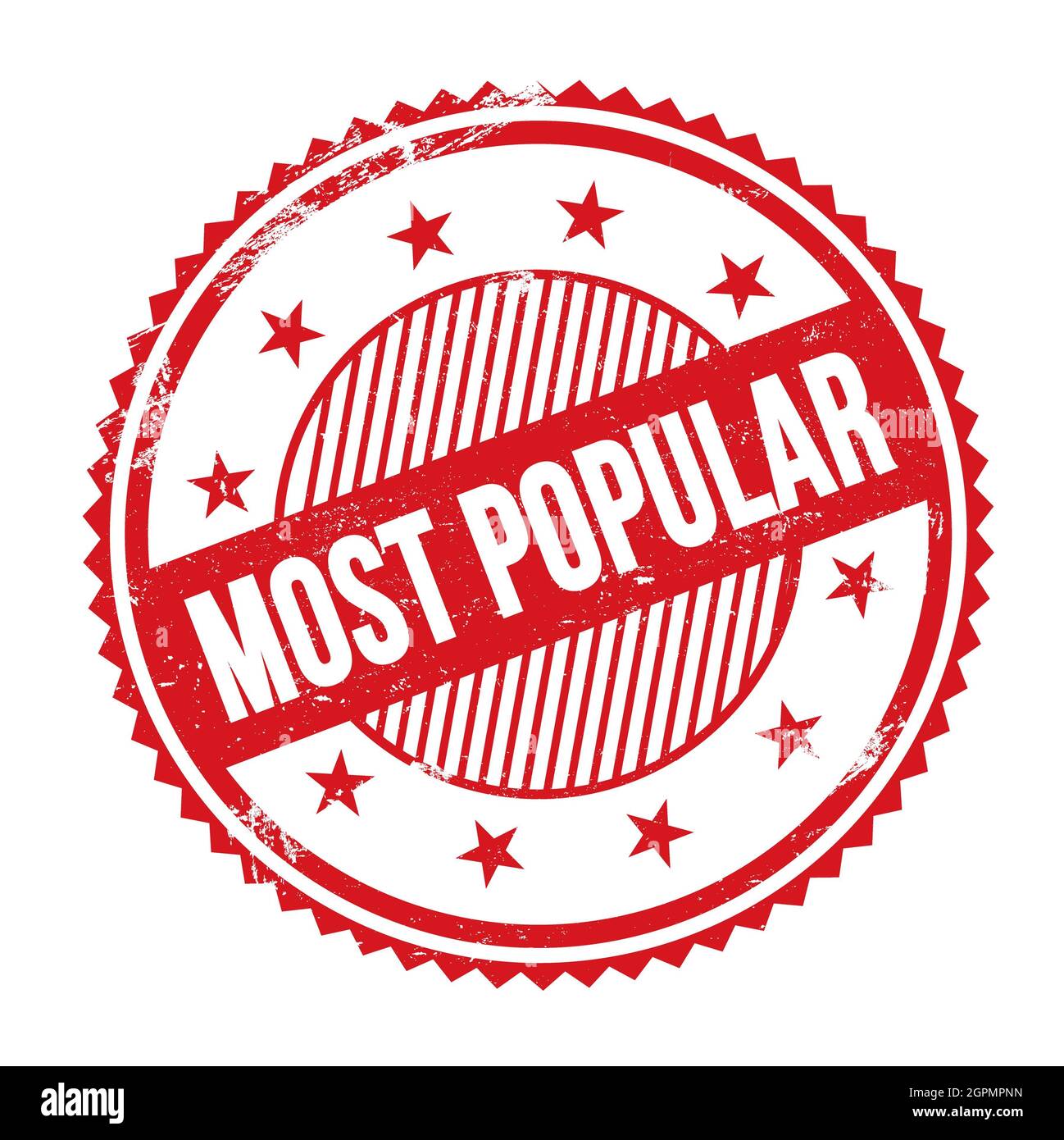 MOST POPULAR text written on red grungy zig zag borders round stamp Stock Photo - Alamy