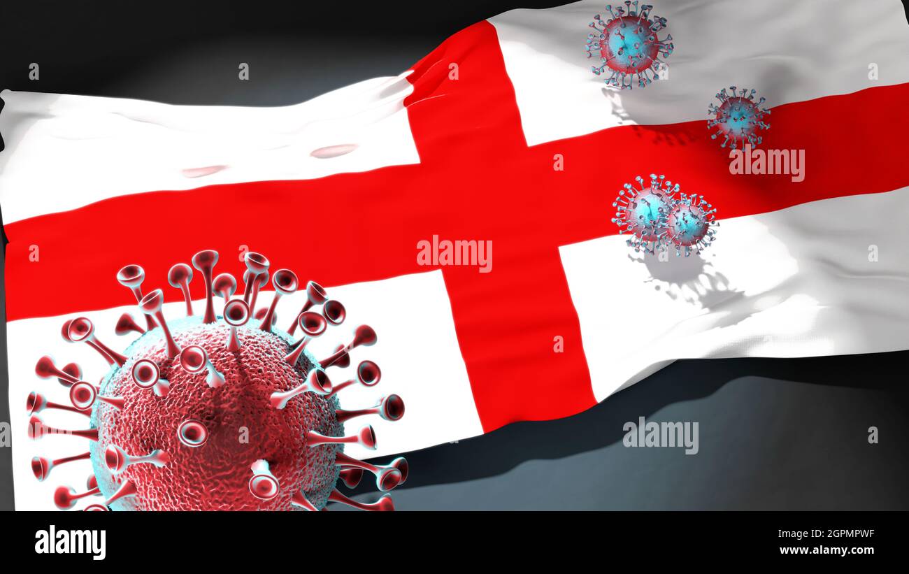 Covid in Milan - coronavirus attacking a city flag of Milan as a symbol ...