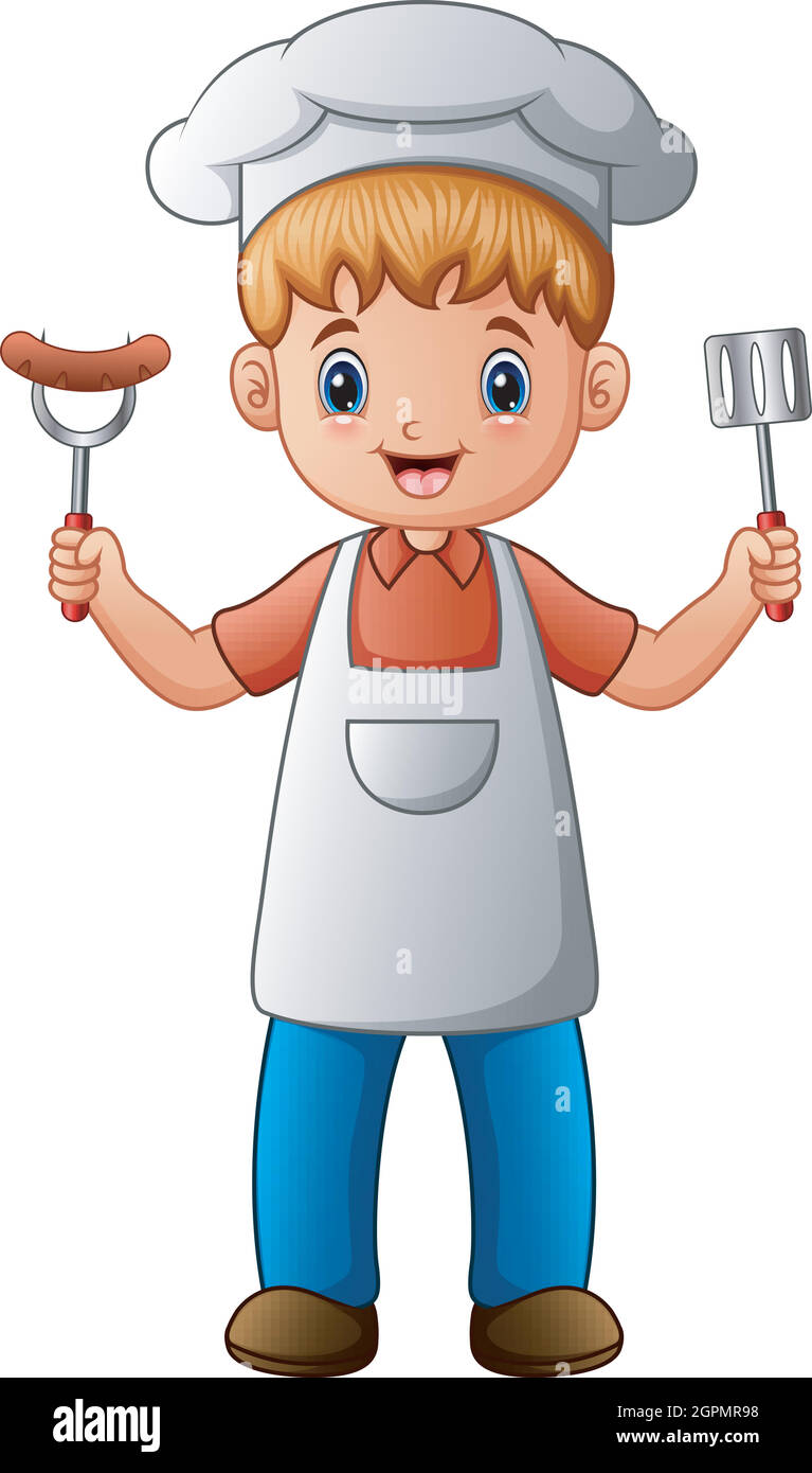 Chef boy holding a spatula and sausage on fork Stock Vector Image & Art ...