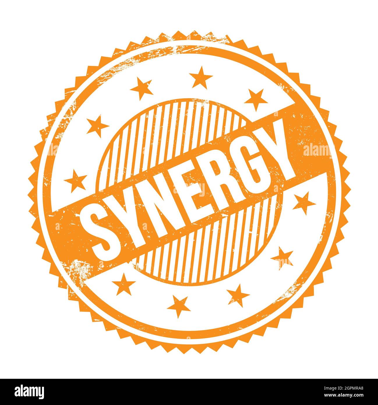 SYNERGY text written on orange grungy zig zag borders round stamp Stock ...