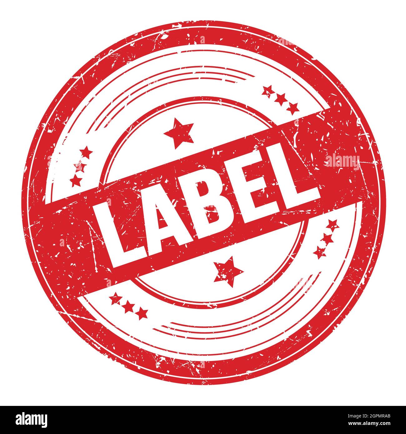 LABEL text on red round grungy texture stamp Stock Photo - Alamy