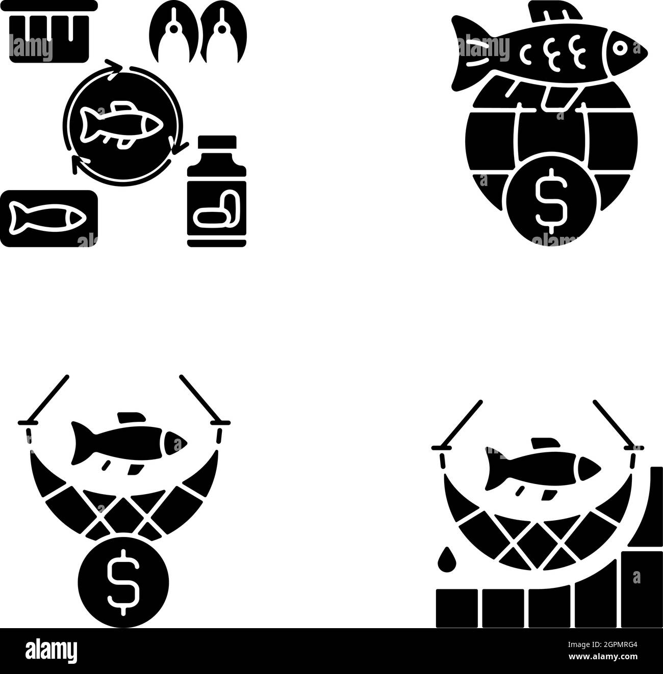 Fish product producing and trade black glyph icons set on white space ...