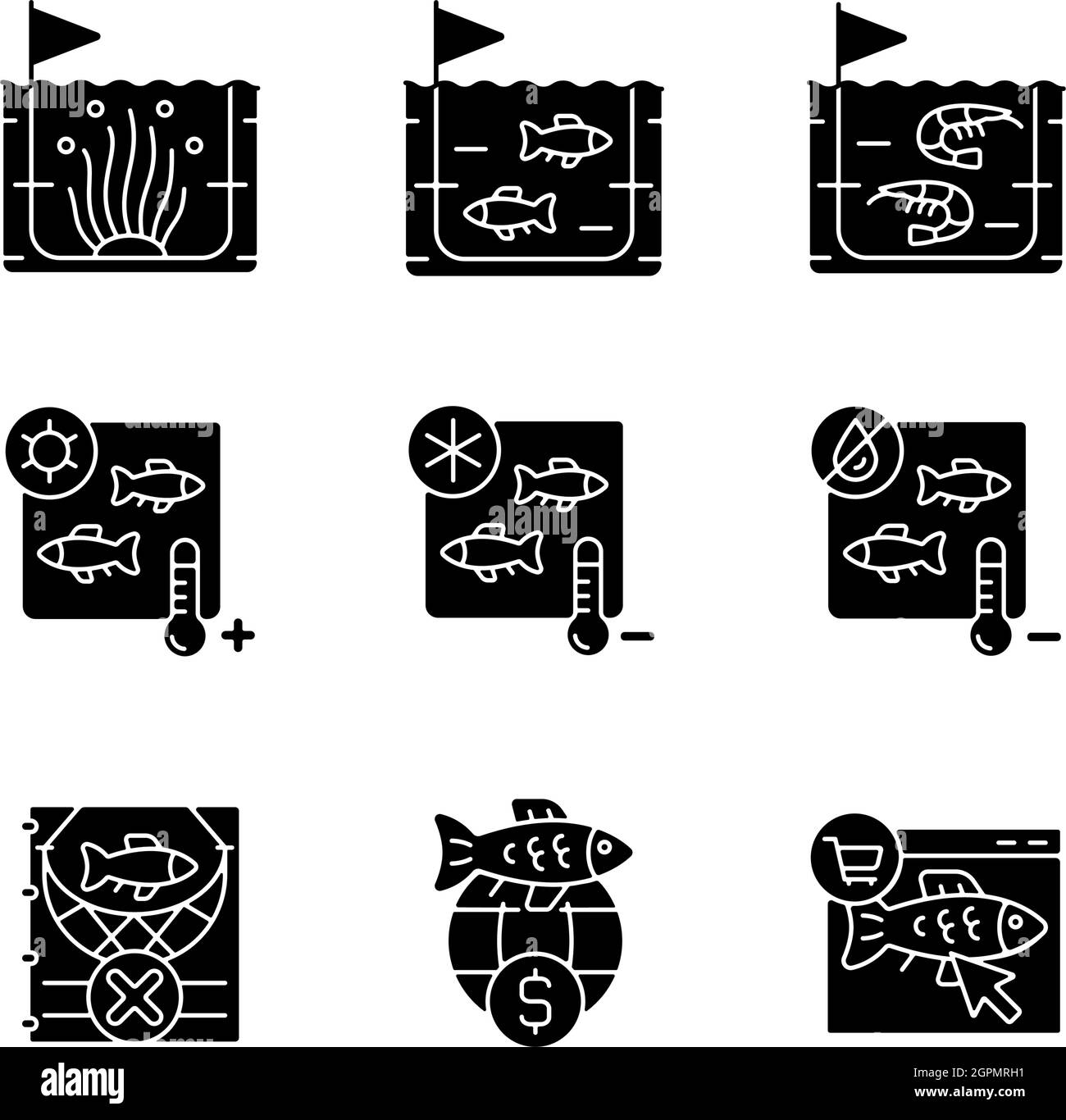 Fish product farming and storing black glyph icons set on white space ...