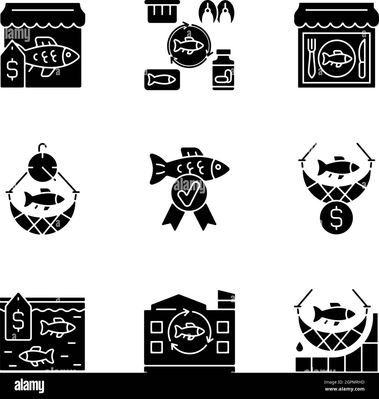 Commercial fishery black glyph icons set on white space Stock Vector ...