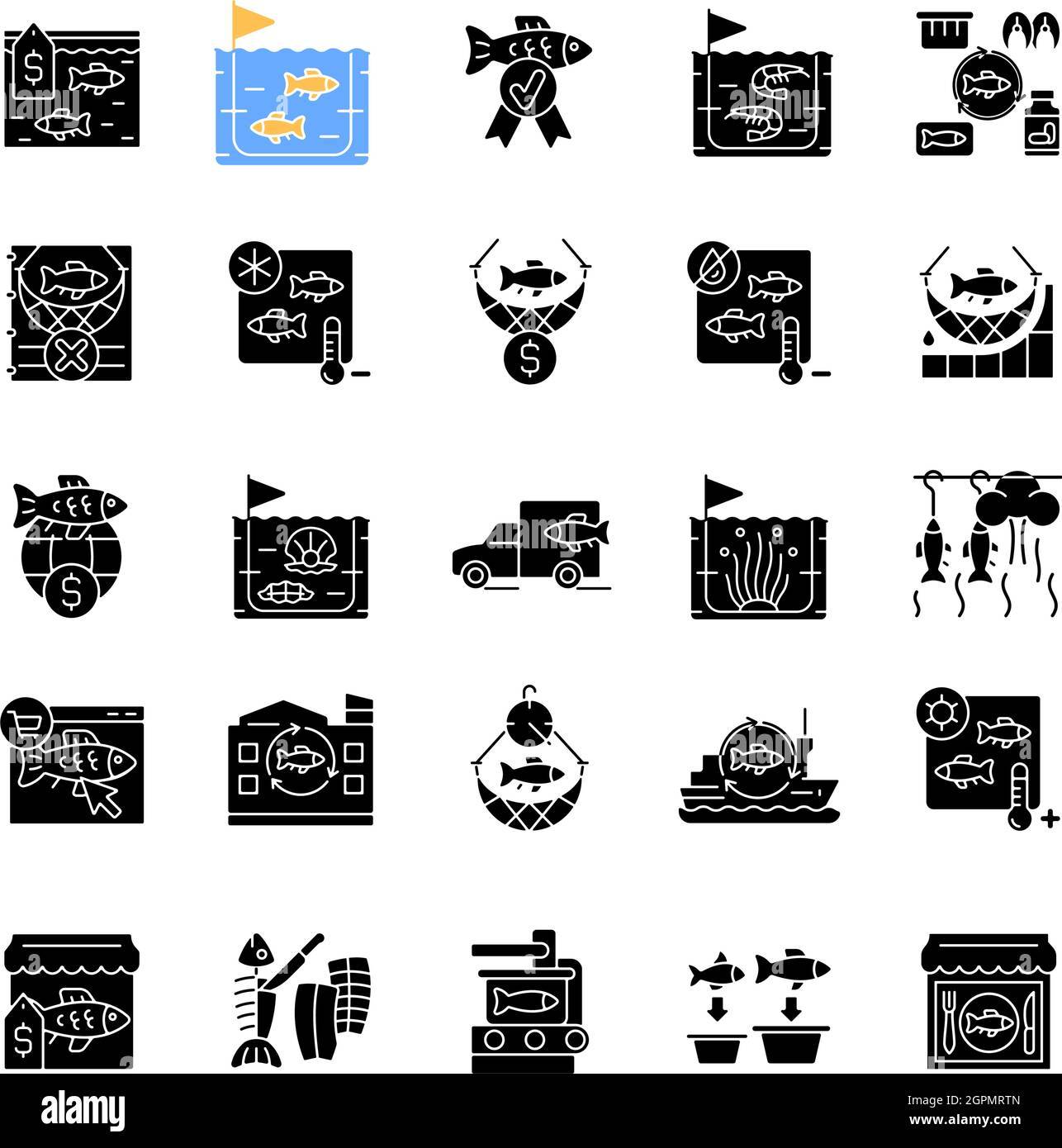 Fishing industry black glyph icons set on white space Stock Vector ...