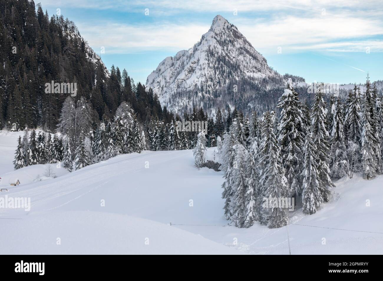 After the snowfall. Dusk on the Sappada plain. Magic of winter Stock ...