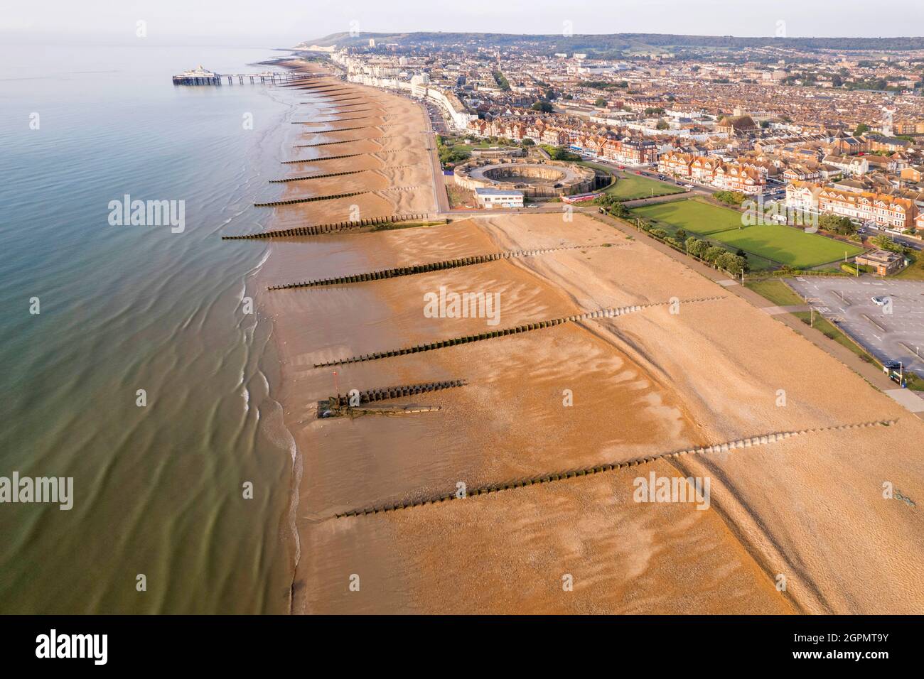 aerial view of eastbourne beach redoubt fortress and the pier on ...