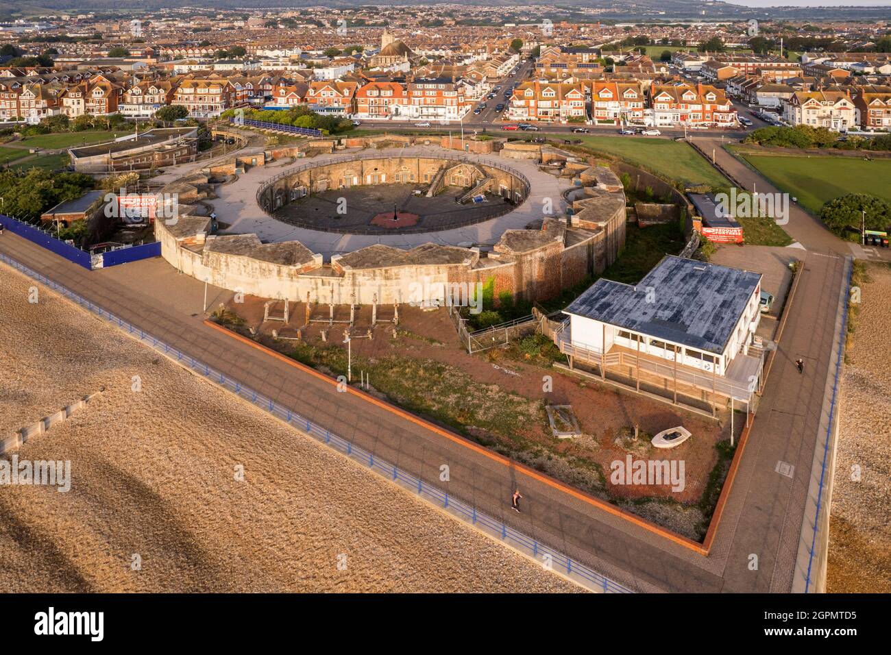 aerial view of eastbourne seafront and the redoubt fort in east sussex ...