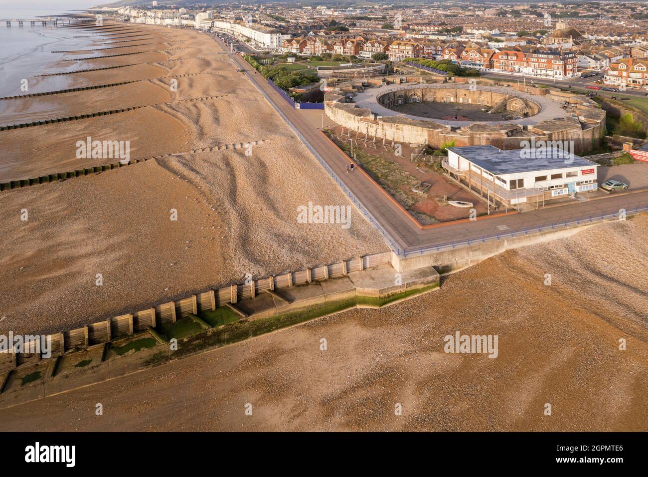 aerial view of eastbourne seafront and the redoubt fort in east sussex ...
