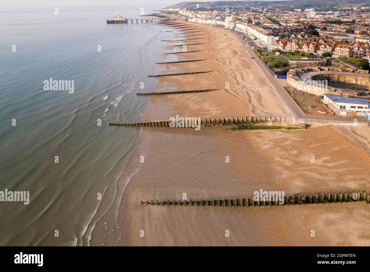 aerial view of eastbourne seafront and the redoubt fort in east sussex ...