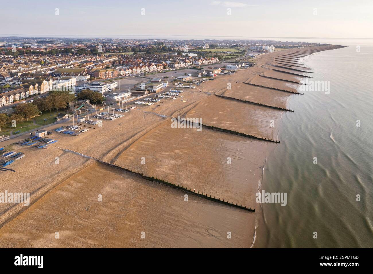 aerial view of groynes and the beach on eastbourne seafront Stock Photo ...