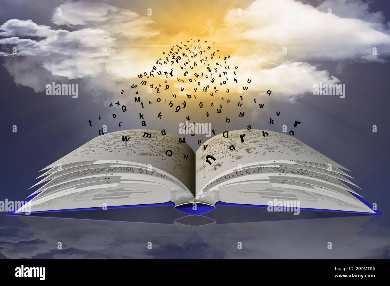3D illustration. Letters and words of the book flying towards the sun ...