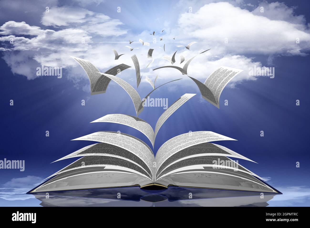 3D illustration. Book pages flying to the sun in the infinite blue sky ...