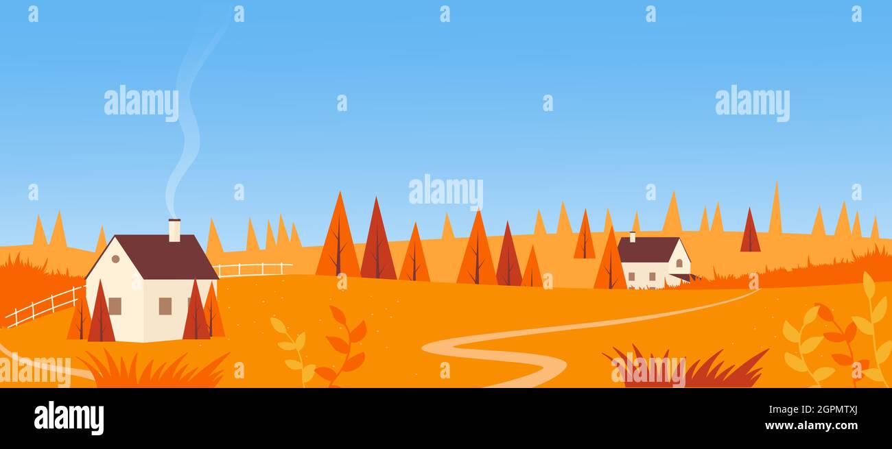 Autumn landscape, rustic farm house vector illustration. Cartoon road ...