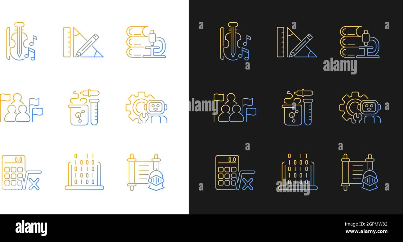 Different types of school subjects gradient icons set for dark and ...