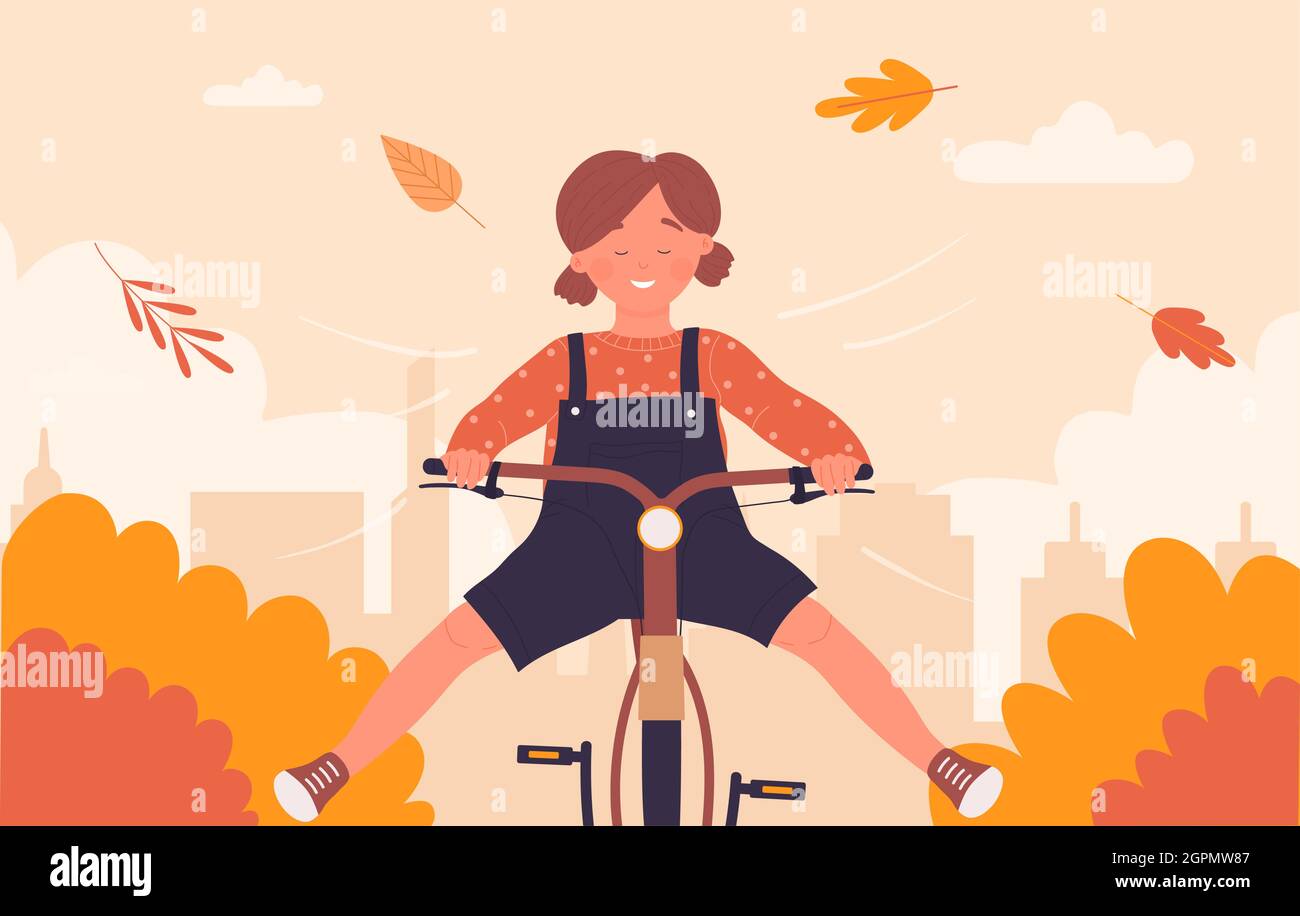 Cute girl cyclist riding bike fast on city street road with fun, autumn ...