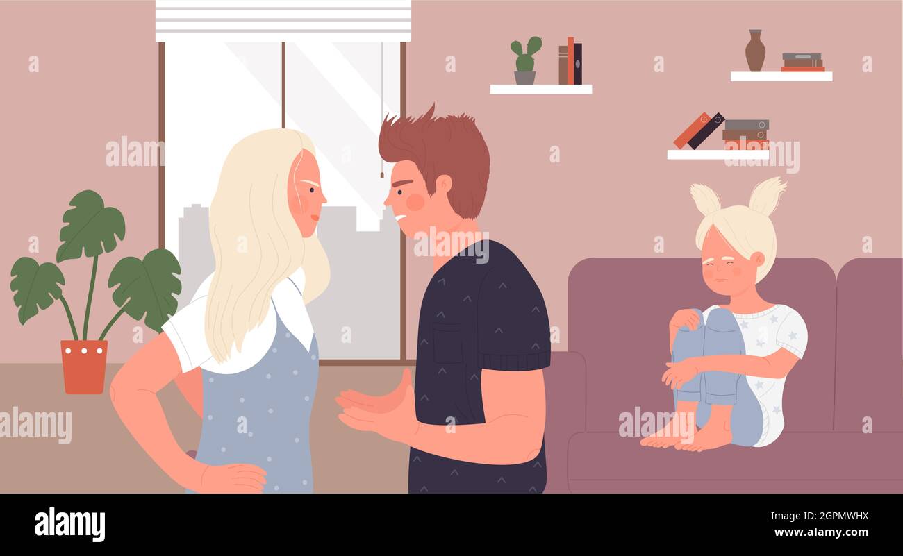 Child, divorce conflict of angry parents vector illustration. Cartoon ...