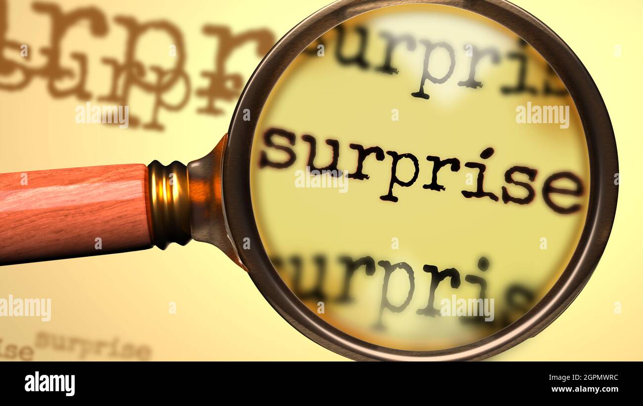 Surprise and a magnifying glass on English word Surprise to symbolize ...