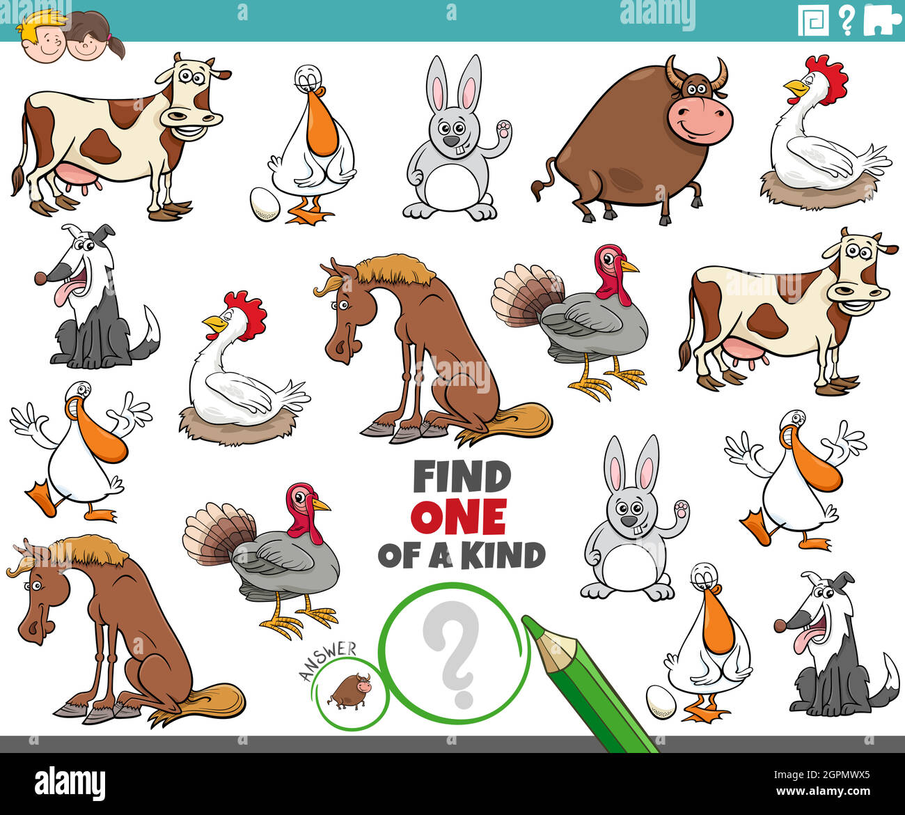 one of a kind game for children with cartoon farm animals Stock Vector ...