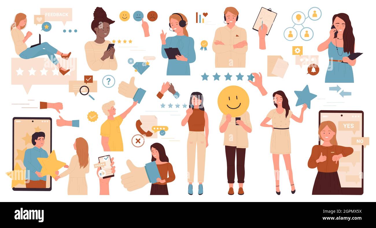 Customer review feedback service set vector illustration. Cartoon man ...