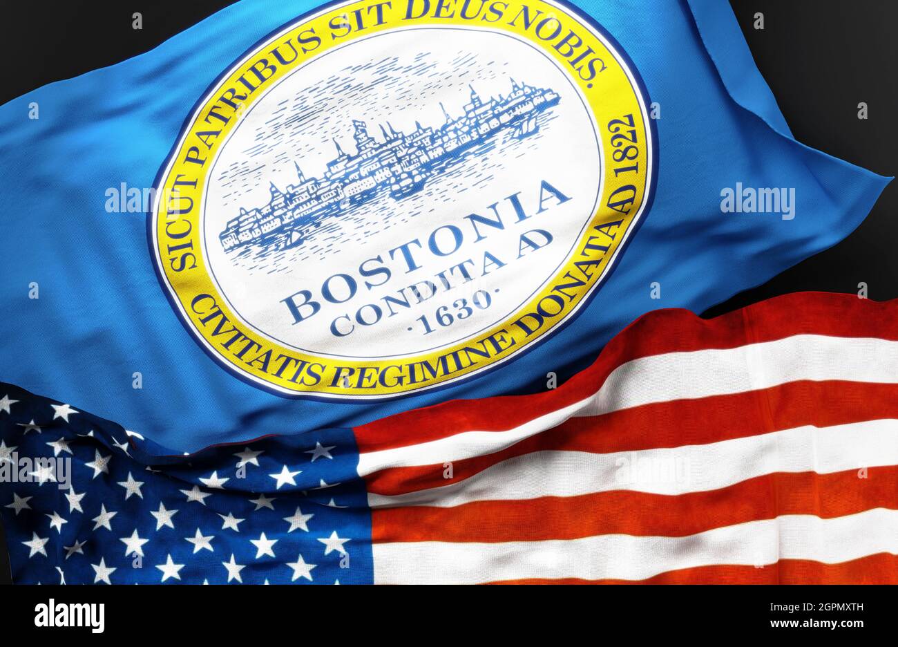 Flag of Boston along with a flag of the United States of America as a ...