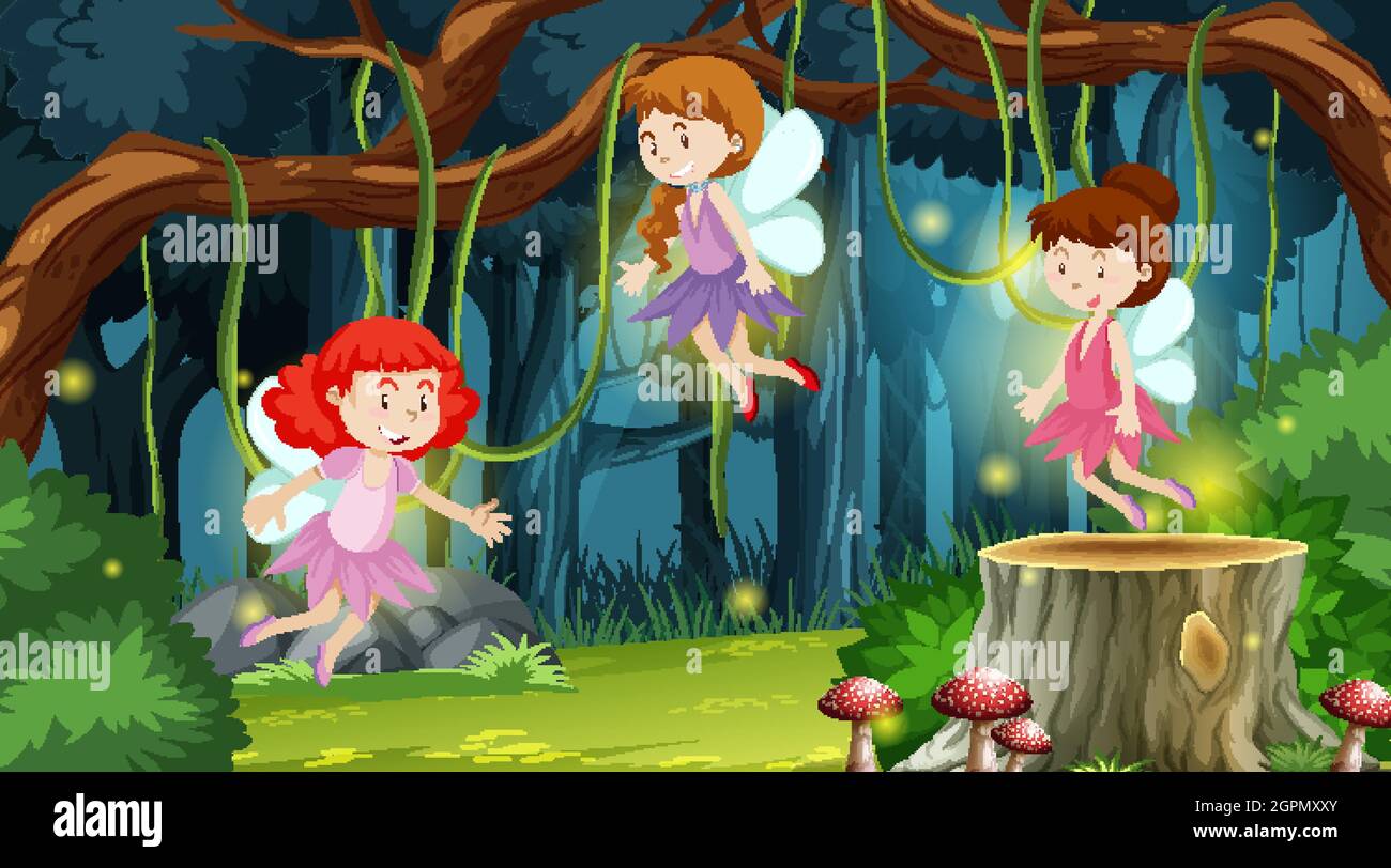 Fantasy forest scene with fairy tales cartoon character illustration ...