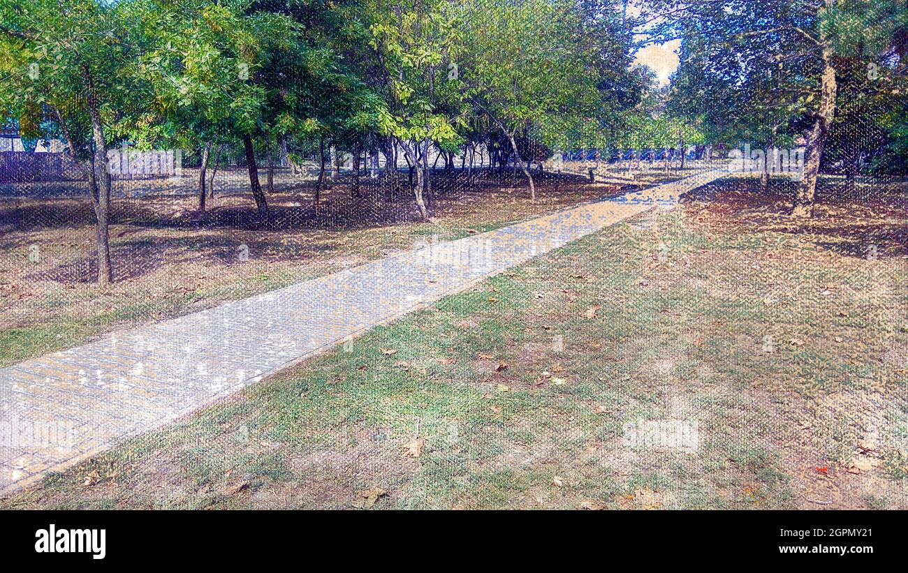 An empty path in a city park. Sunny clear day. Leafy season. Digital ...