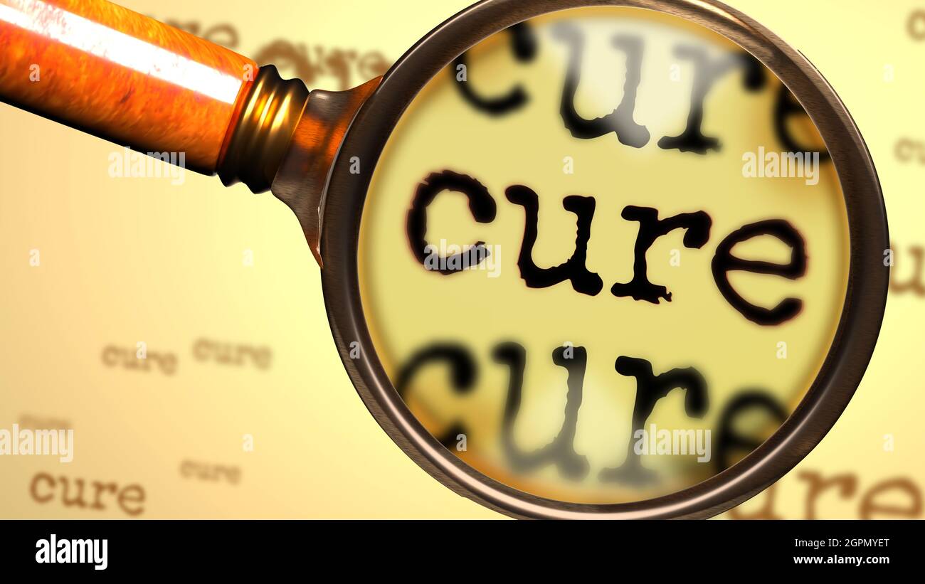 Cure - abstract concept and a magnifying glass enlarging English word ...
